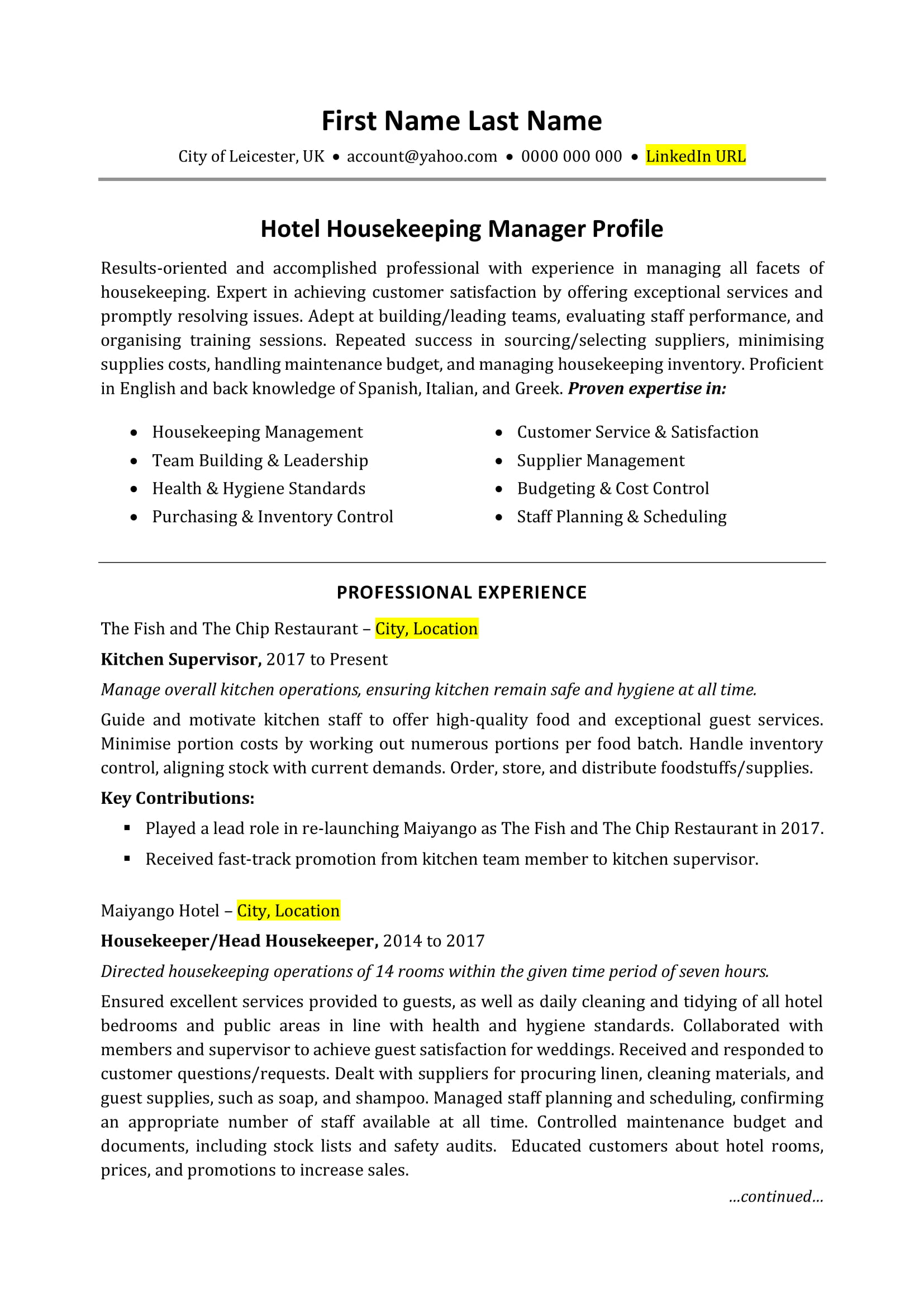 Housekeeping Management | ResumeCroc | Professional Resume Writers